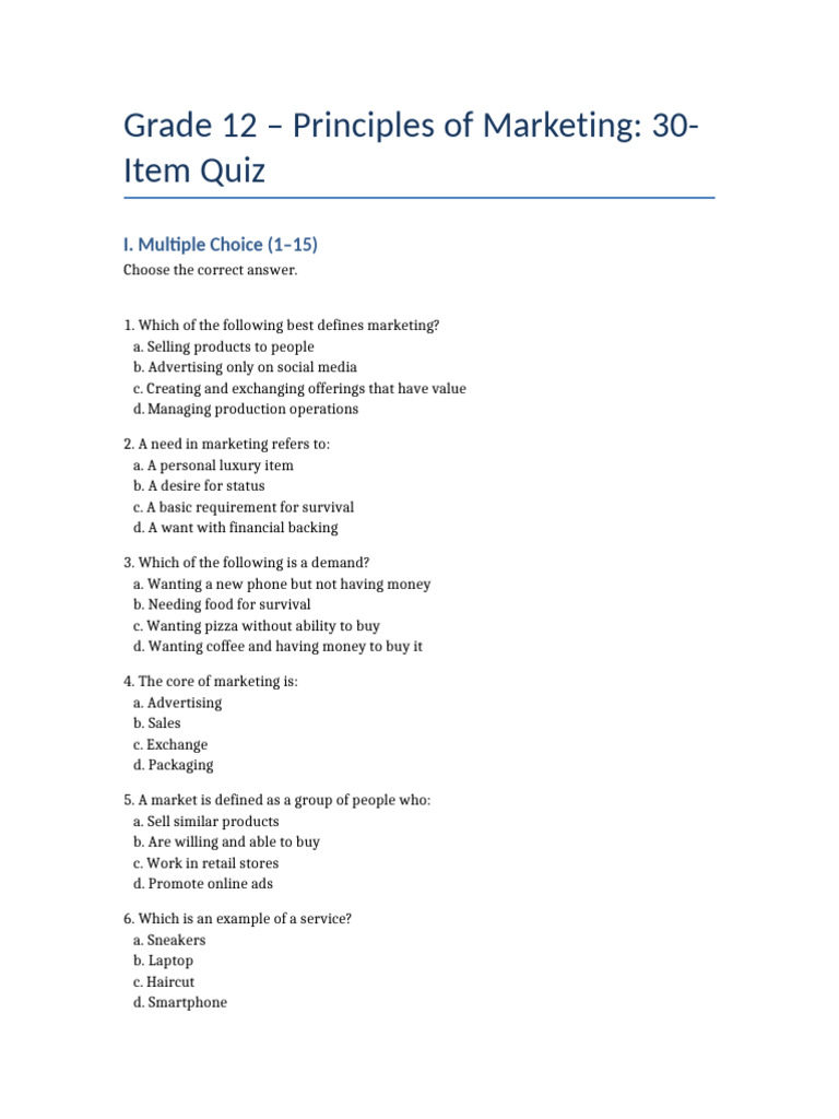 Grade 12 Marketing Principles Quiz | PDF | Marketing | Advertising
