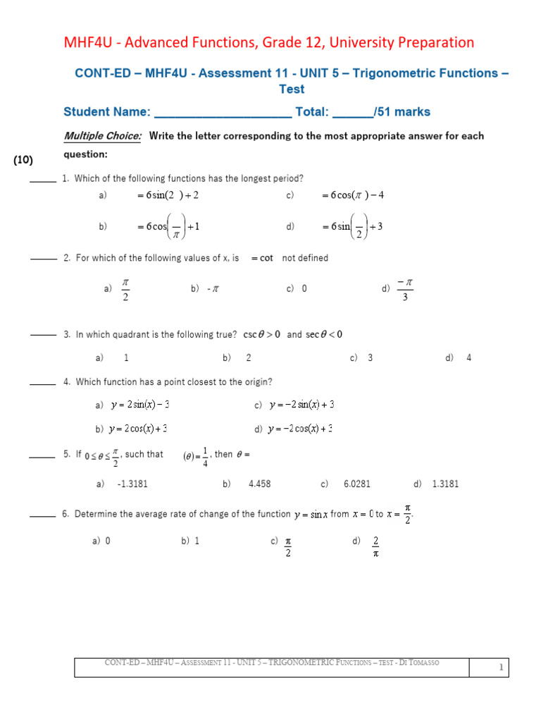 CONT-ED - MHF4U - Assessment 11 UNIT 5 - Trigonometric Functions - Test ...
