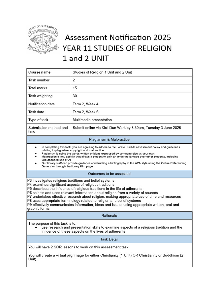 Year 11 Religion Multimedia Task 2025 | PDF | Pilgrimage | Spirituality