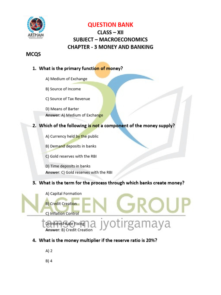 Class - 12 Economic Macro Chapter - 3 Question Bank | PDF | Money Supply | Money