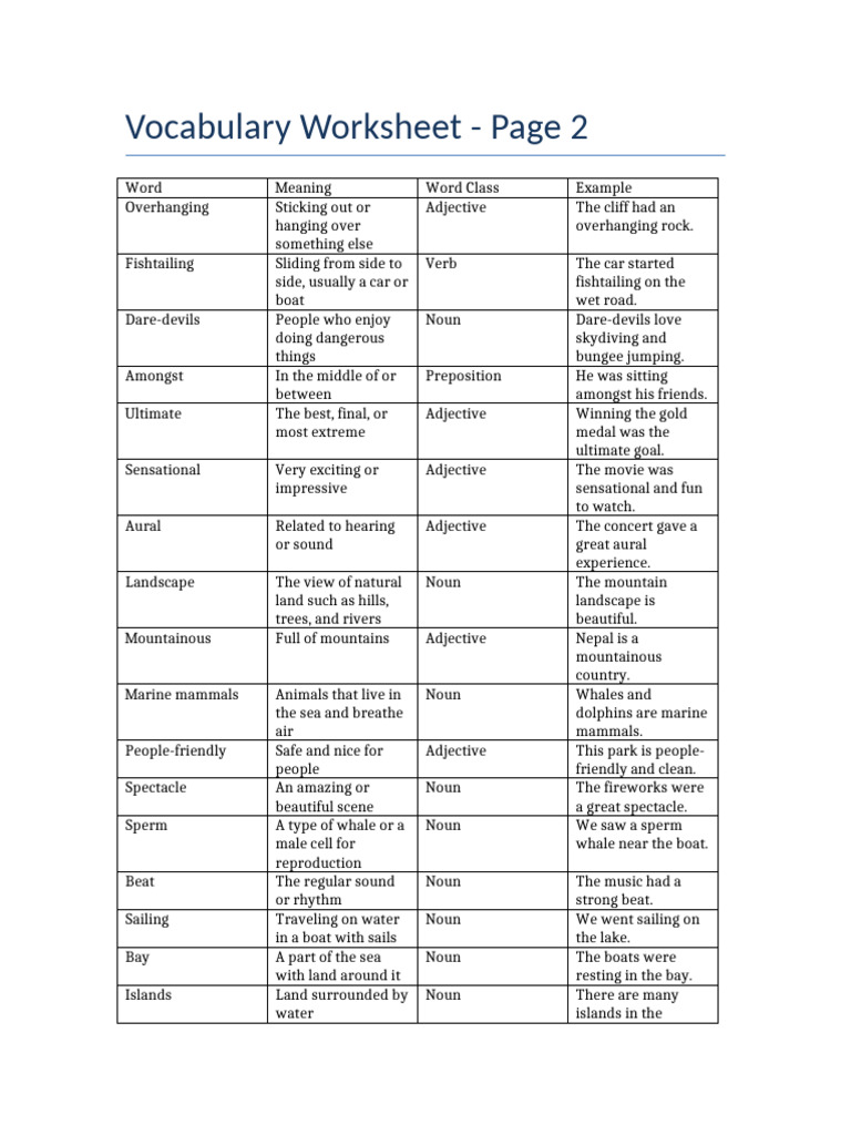 Vocabulary Worksheet: Word Meanings | PDF | Adjective | Noun