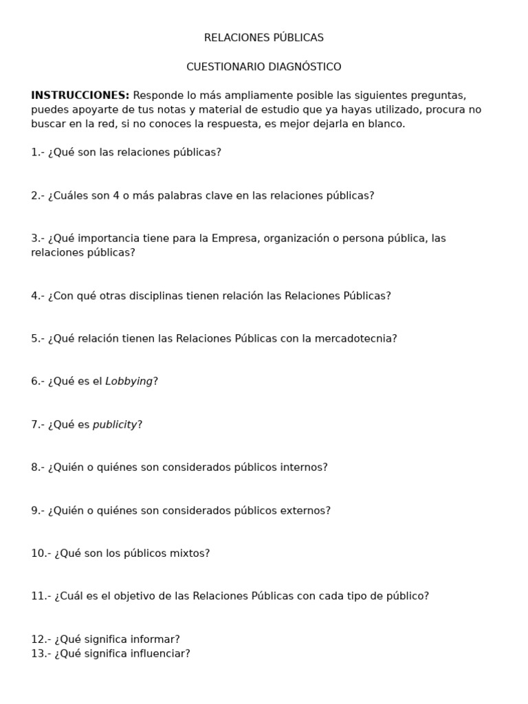Cuestionario Diagnóstico RRPP | PDF