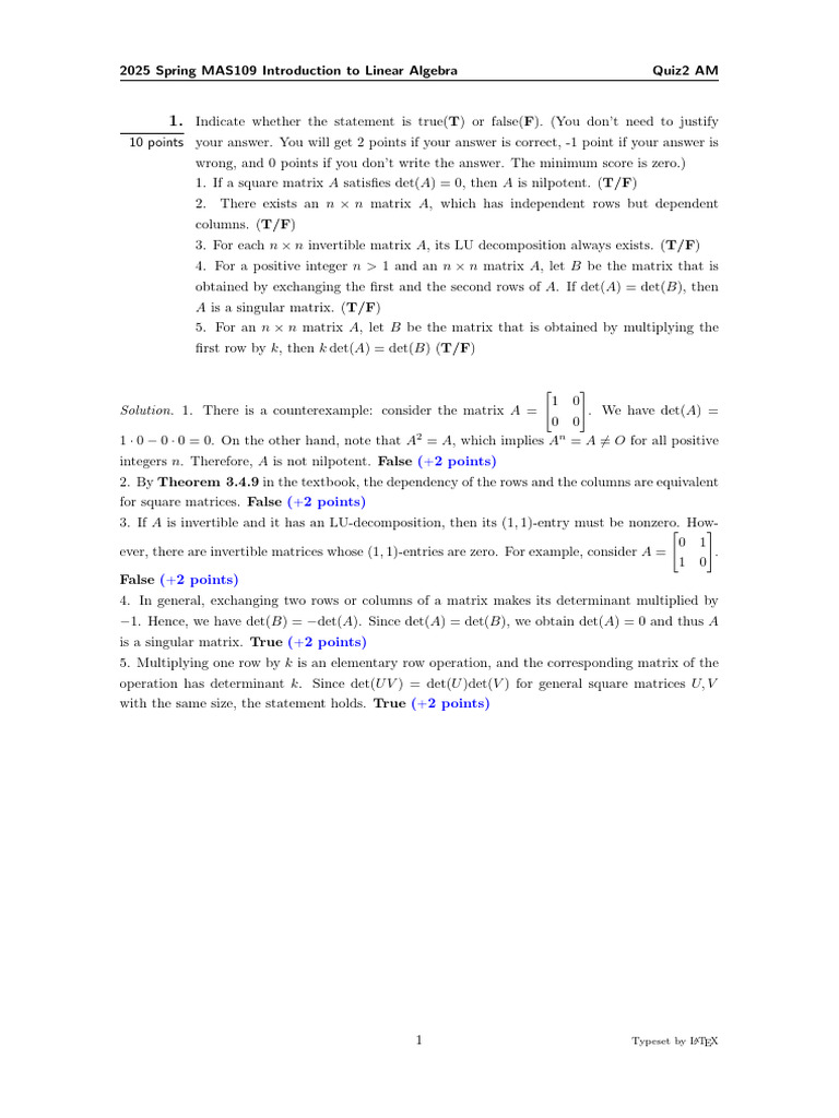 2025S MAS109 Quiz2 AM Solution | PDF | Matrix (Mathematics) | Determinant