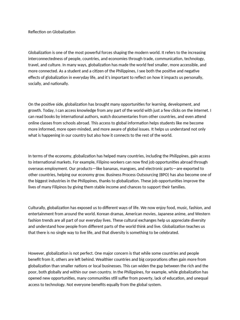 Reflection On Globalization | PDF | Globalization | Economies
