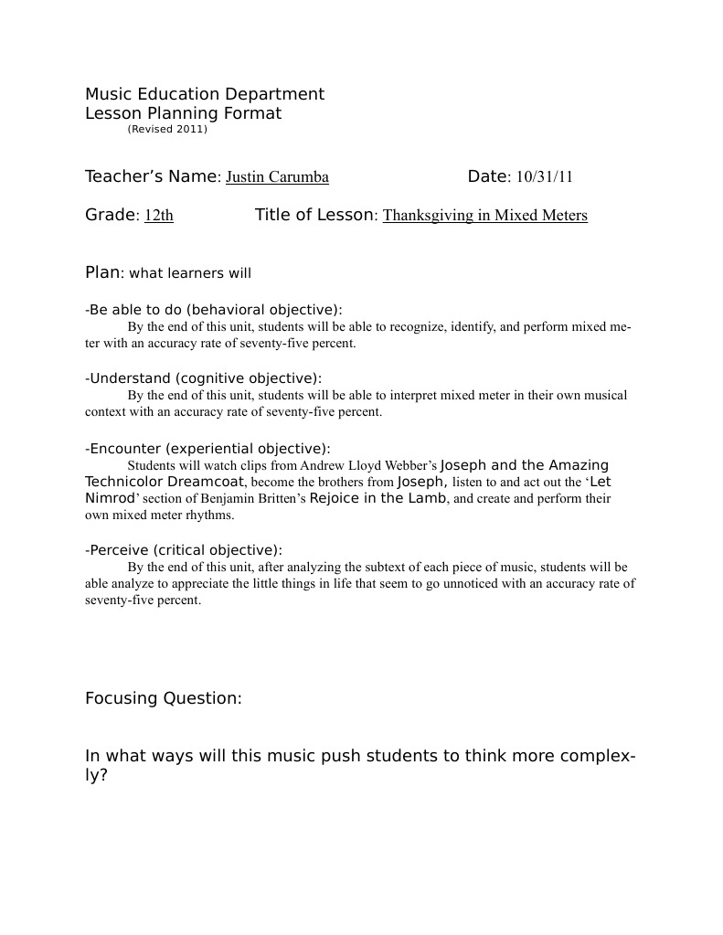 Thanksgiving Music Lesson Plan | PDF | Educational Psychology | Applied ...