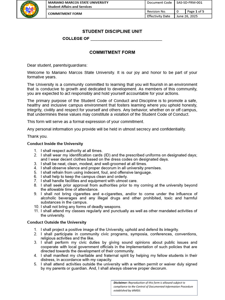 Student Commitment Form for Conduct | PDF | Academic Dishonesty