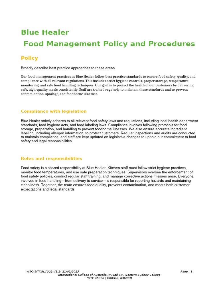Blue Healer Food Safety Policy Guide | PDF | Food Safety