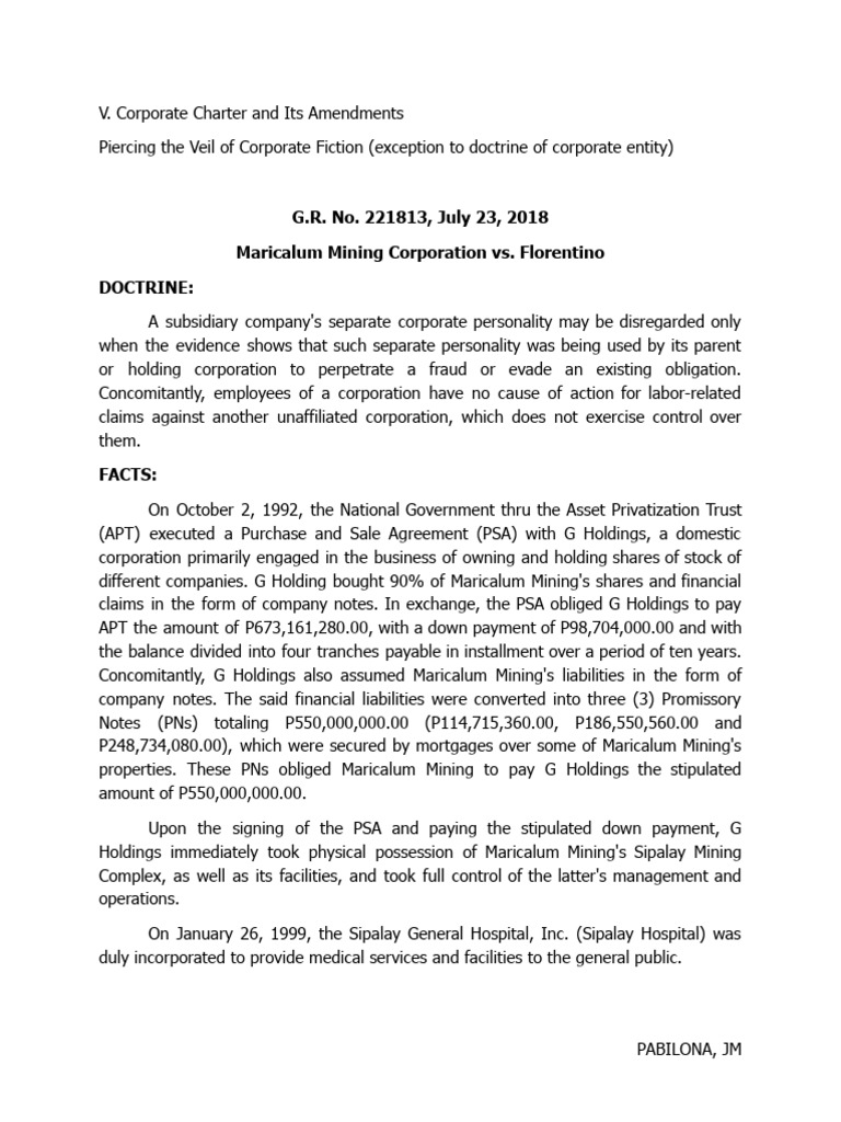 Maricalum Mining Corporation vs. Florentino | PDF | Piercing The ...