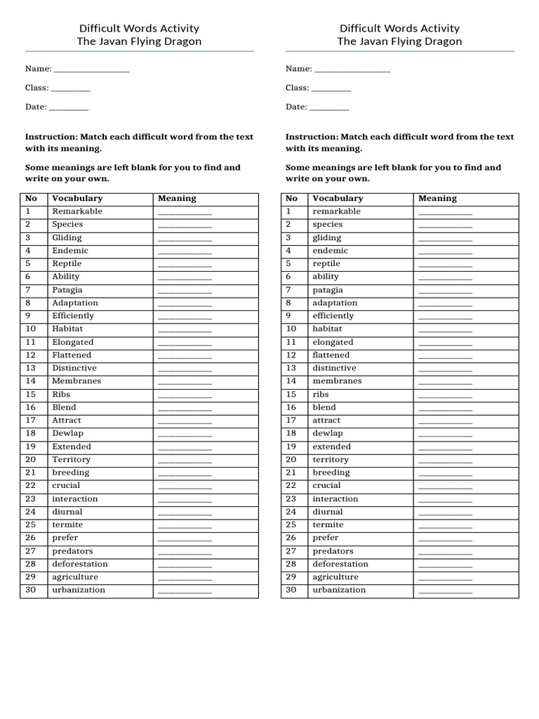 Difficult Words Blank Activity Javan Flying Dragon | PDF | Zoology