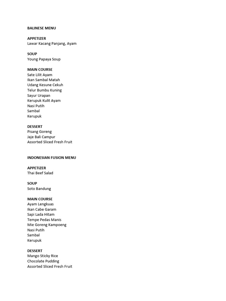 Balinese and Fusion Menu Options | PDF