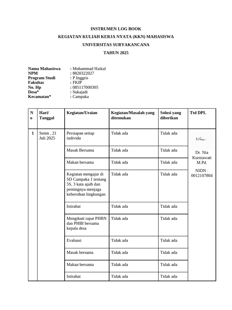 Log Book KKN Mahasiswa 2025 | PDF