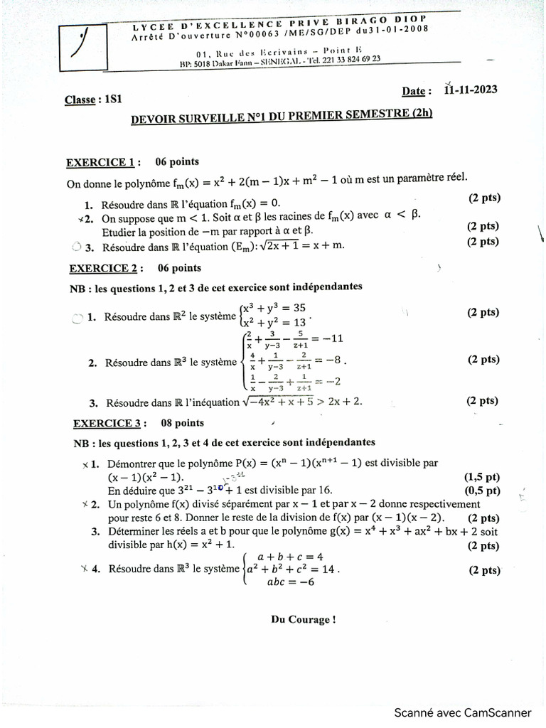 Devoirs de Maths 1ère S1 | PDF