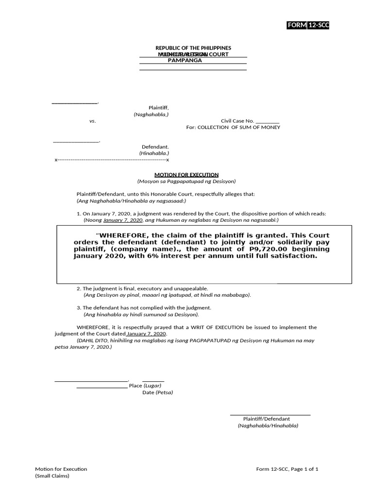 Writ of Execution Sample | PDF | Civil Procedure | Civil Law (Common Law)