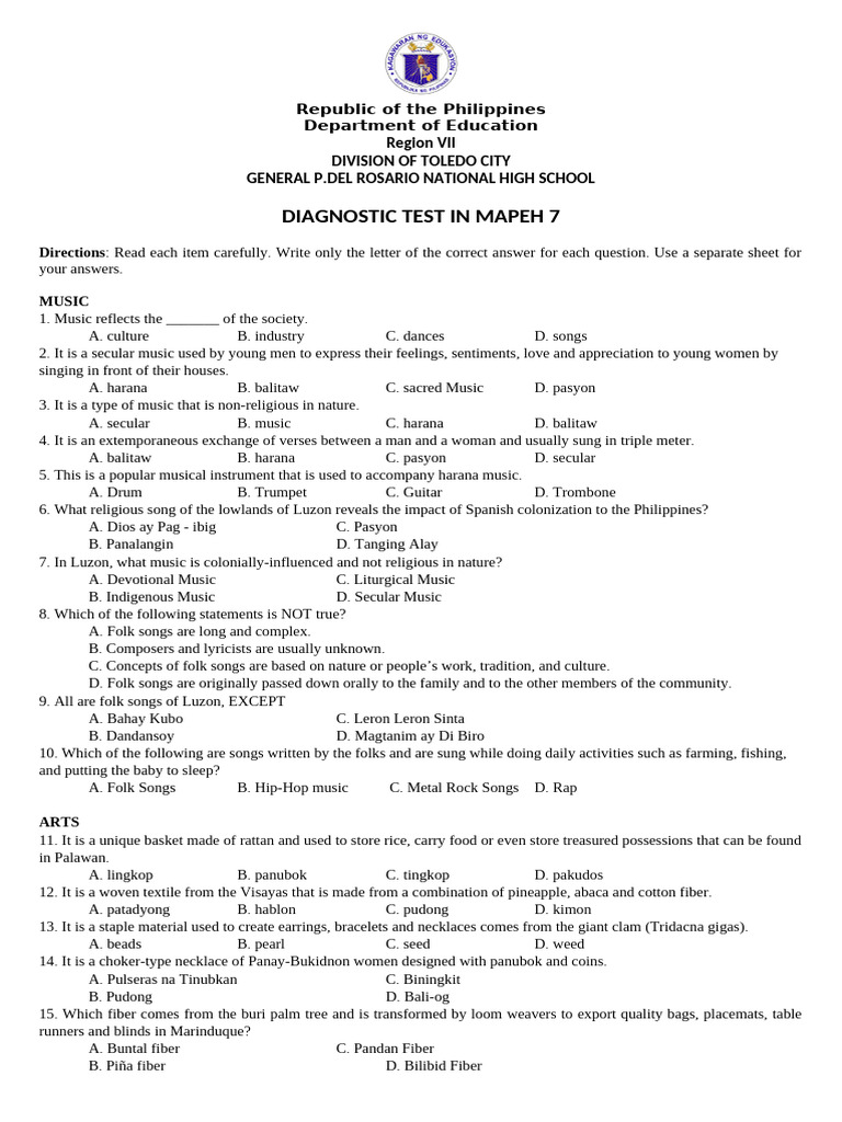 MAPEH 7 Diagnostic Test Questions | PDF | Track And Field
