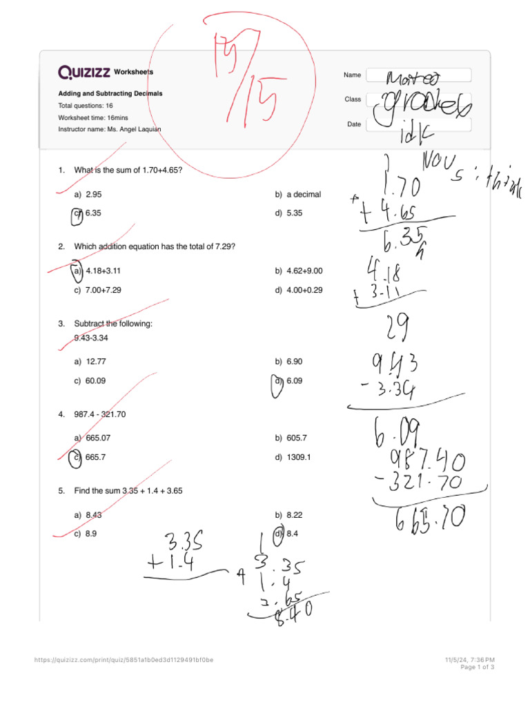 Adding and Subtracting Decimals Quiz | PDF | Chess Theory | Chess