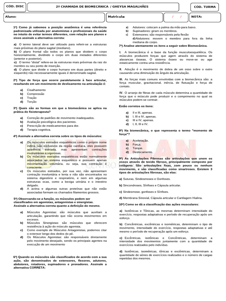 Prova de Biomecânica Gheysa Magalhães-1 | PDF | Músculo | Anatomia