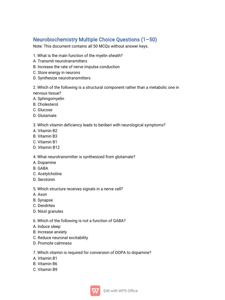 Neurobiochemistry MCQs 1 To 50 | PDF | Neurotransmitter | Dopamine