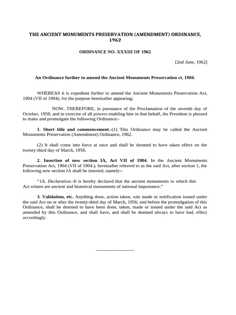 Ancient Monuments Preservation Amendment 1962 | PDF