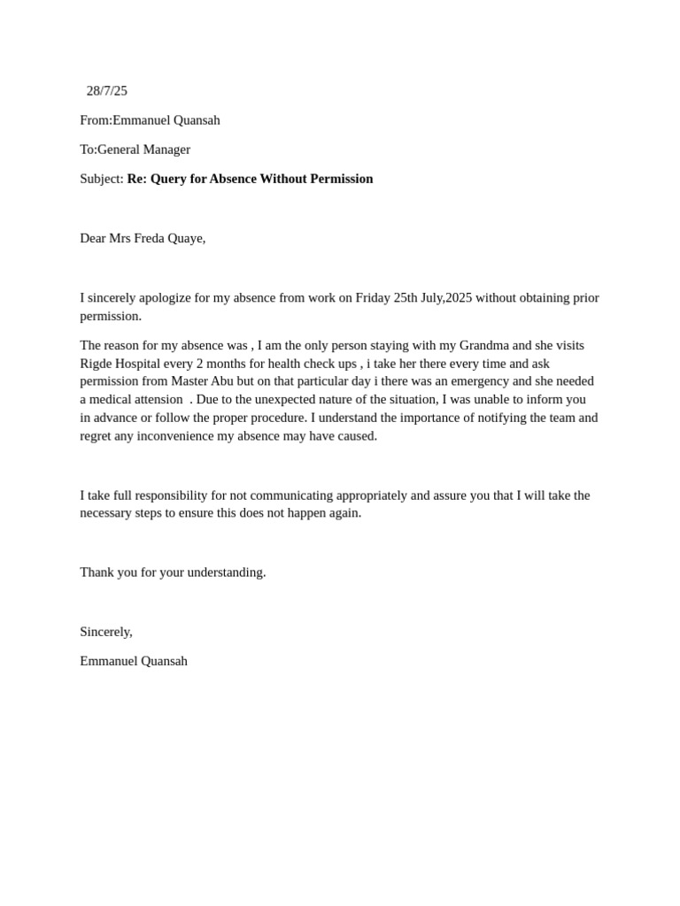 Re: Query For Absence Without Permission | PDF