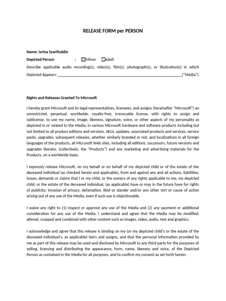 Release Form Per Person | PDF | Defamation | Private Law