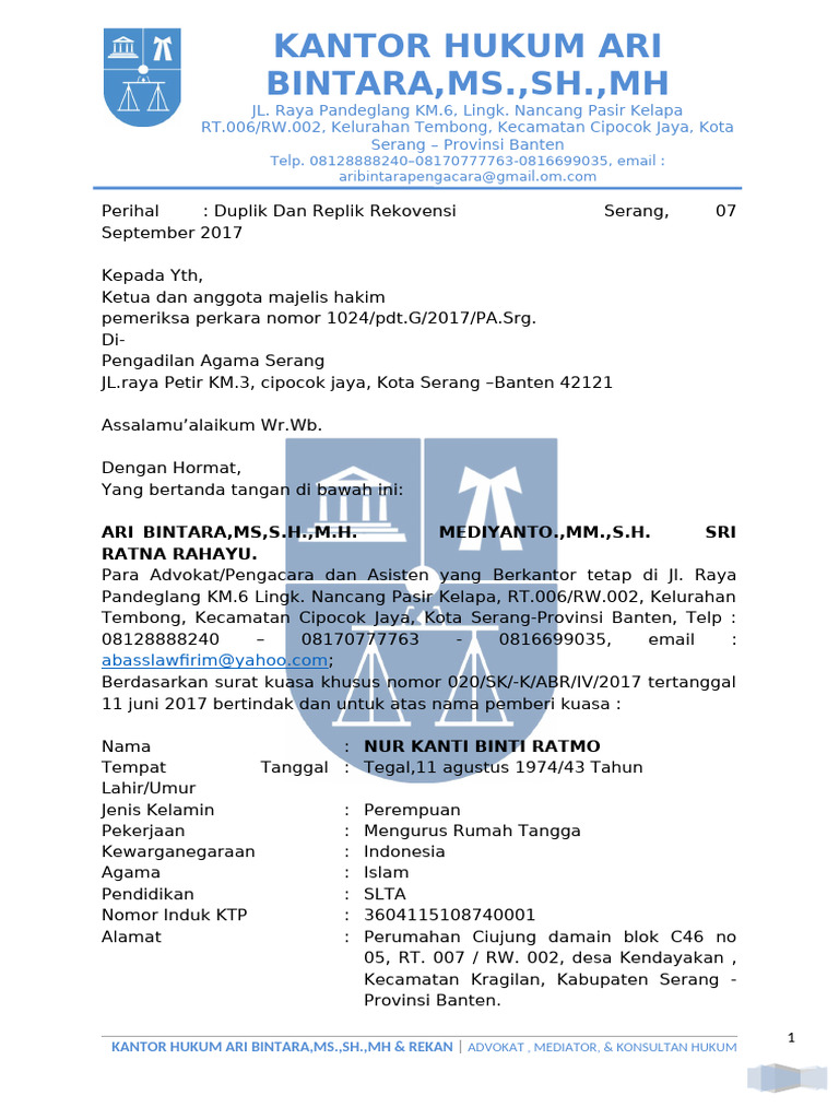 DUPLIK TERGUGAT DAN REPLIK PENGGUGAT REKOVENSI CERAI NURKANTI | PDF