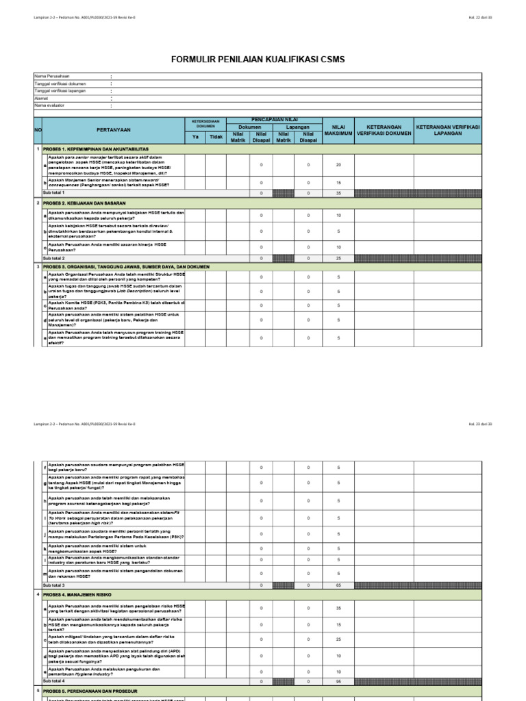 Form Penilaian CSMS MIGAS Beserta Parameter Penilaiannya | PDF