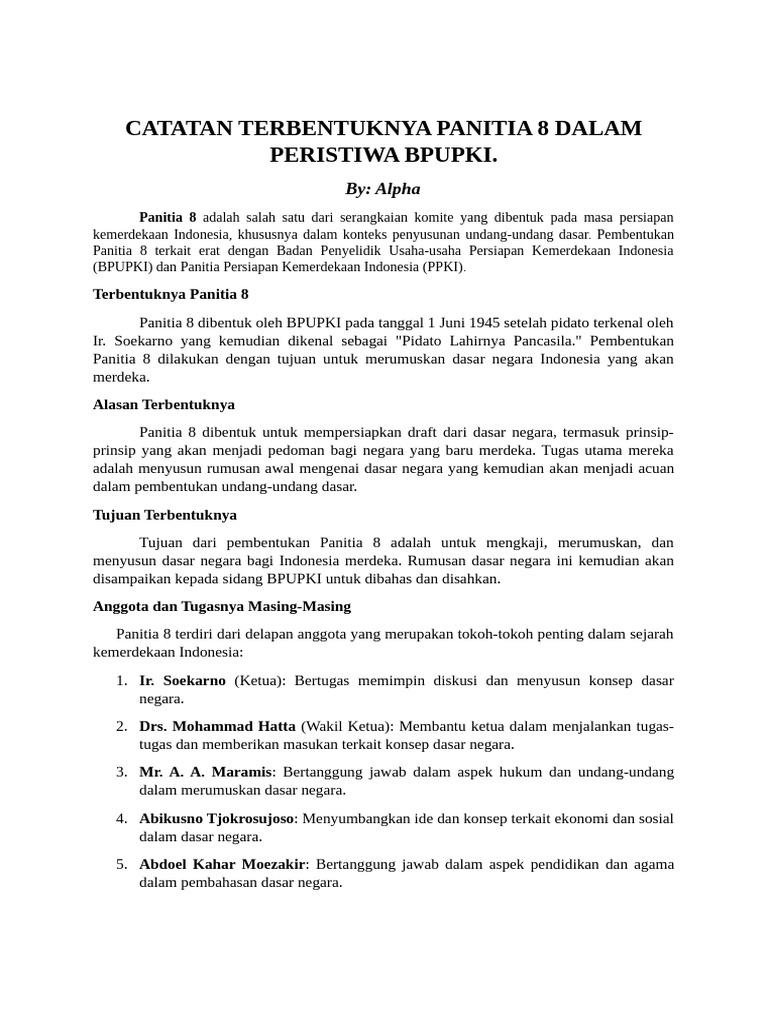 Catatan Terbentuknya Panitia 8 Dalam Peristiwa Bpupki by Alpha | PDF