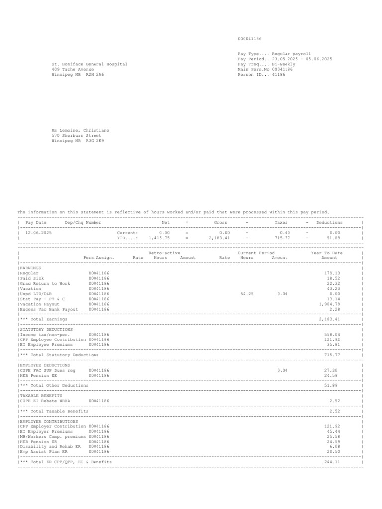 Bi-Weekly Payroll Statement Summary | PDF | Payroll | Employment ...