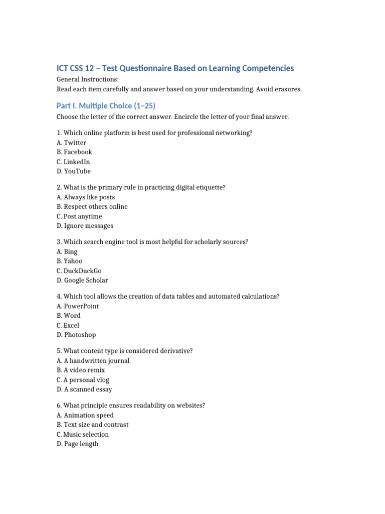 ICT_CSS12_LC_Based_Test_Questionnaire_2025 | PDF | Page Layout | Image ...