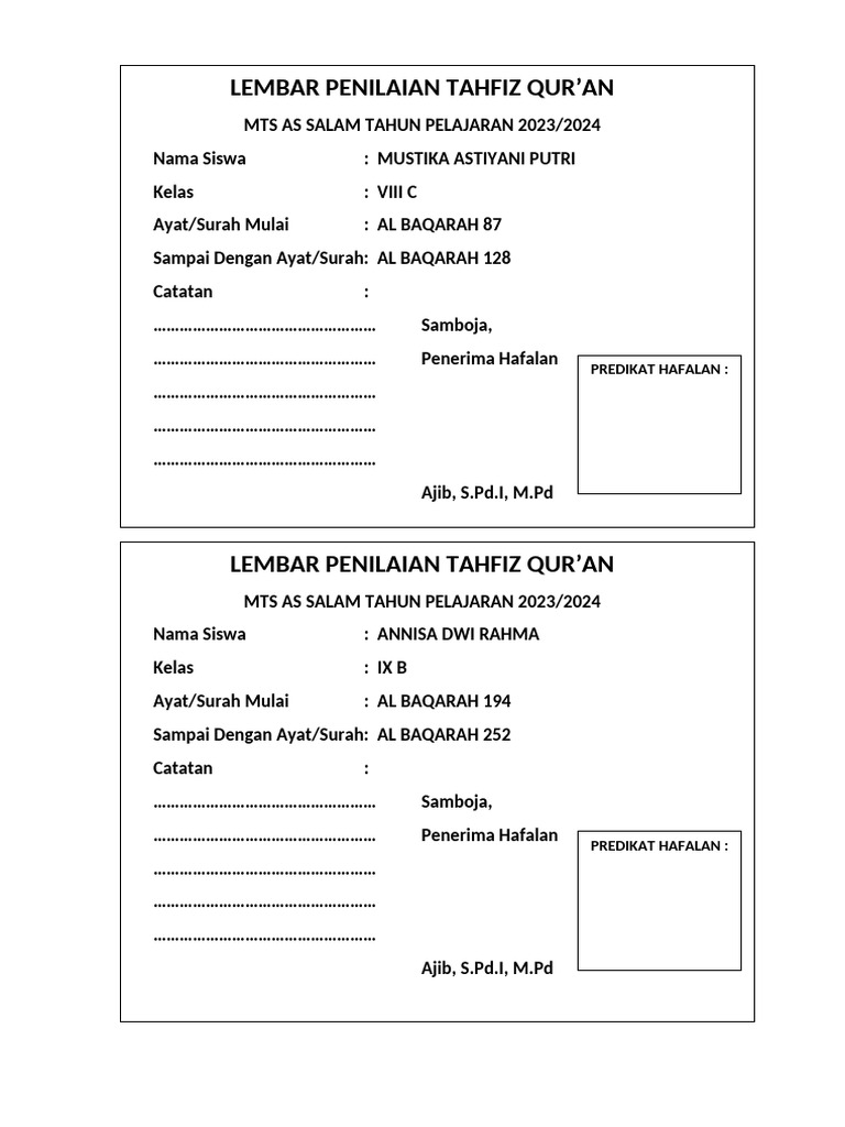 Lembar Penilaian Tahfiz Qur 2 Plus Nama | PDF