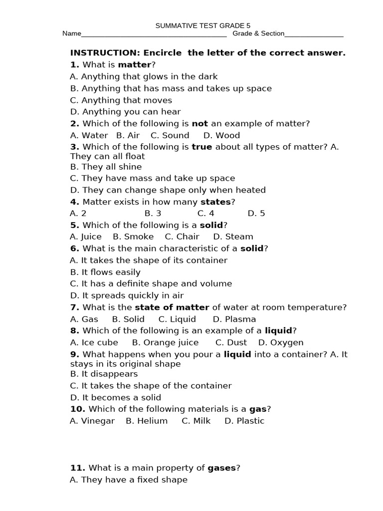 Grade 5 Matter Summative Test | PDF | Gases | Liquids