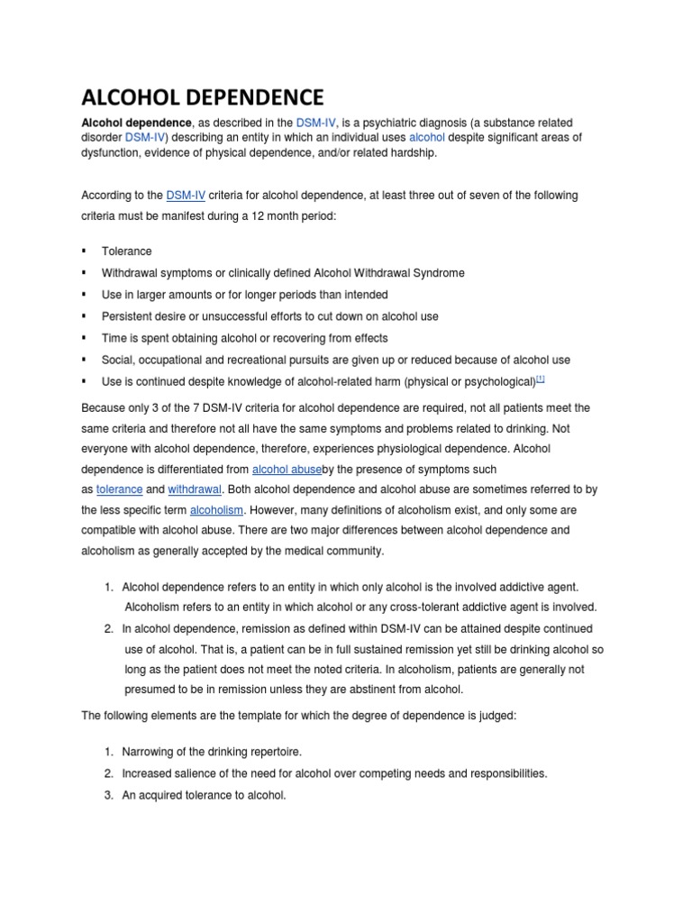 Alcohol Dependence: Dsm-Iv Dsm-Iv Alcohol | PDF | Alcoholism ...