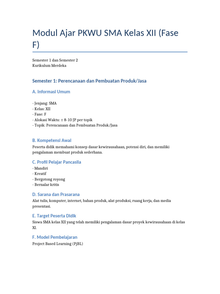 Rancangan Pembelajaran Kewirausahaan SMK | PDF
