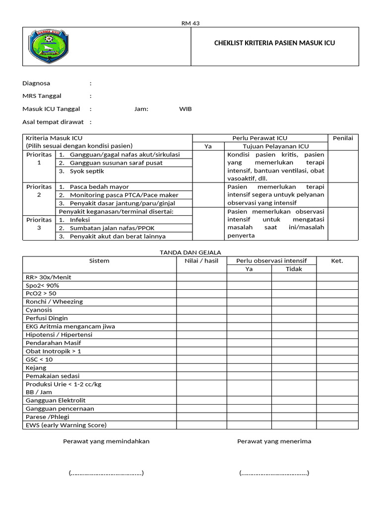 Kriteria Pasien Masuk ICU: Checklist | PDF