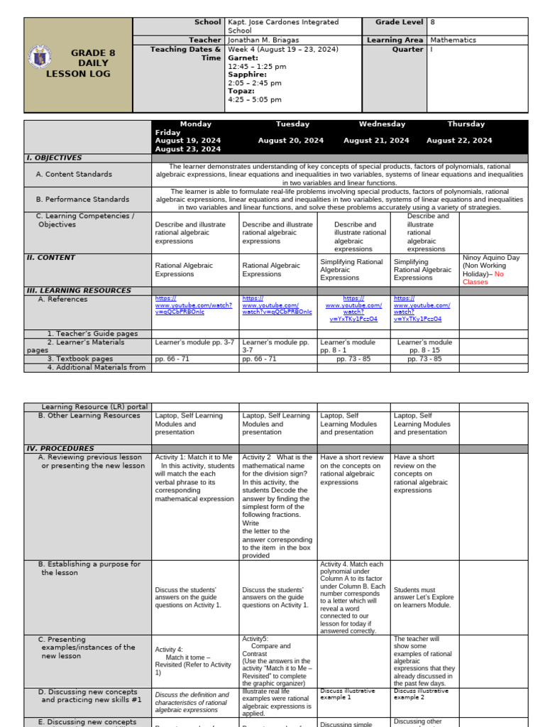 DLL Math 8 Q1 W4 (August 19 - 23, 2024) | PDF | Equations | Algebra