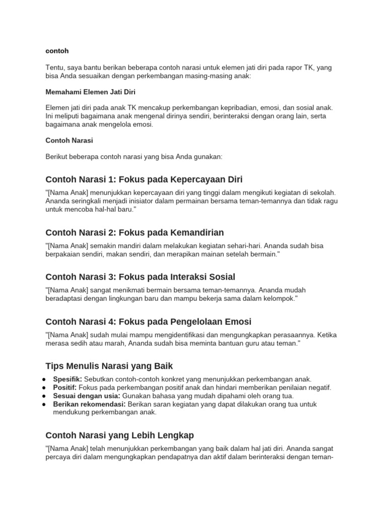Contoh Narasi Rapot TK Elemen Jati Diri | PDF