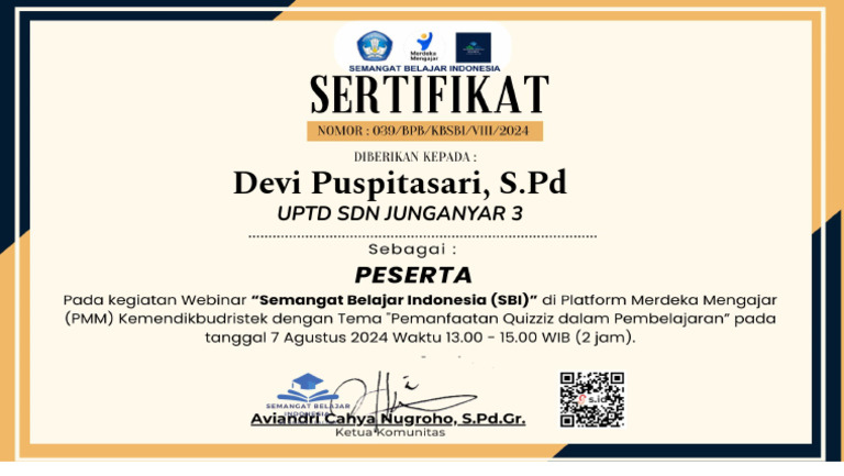 Sertifikat Webinar Quizziz - Guru Masa Kini - Devi Puspitasari, S.PD | PDF