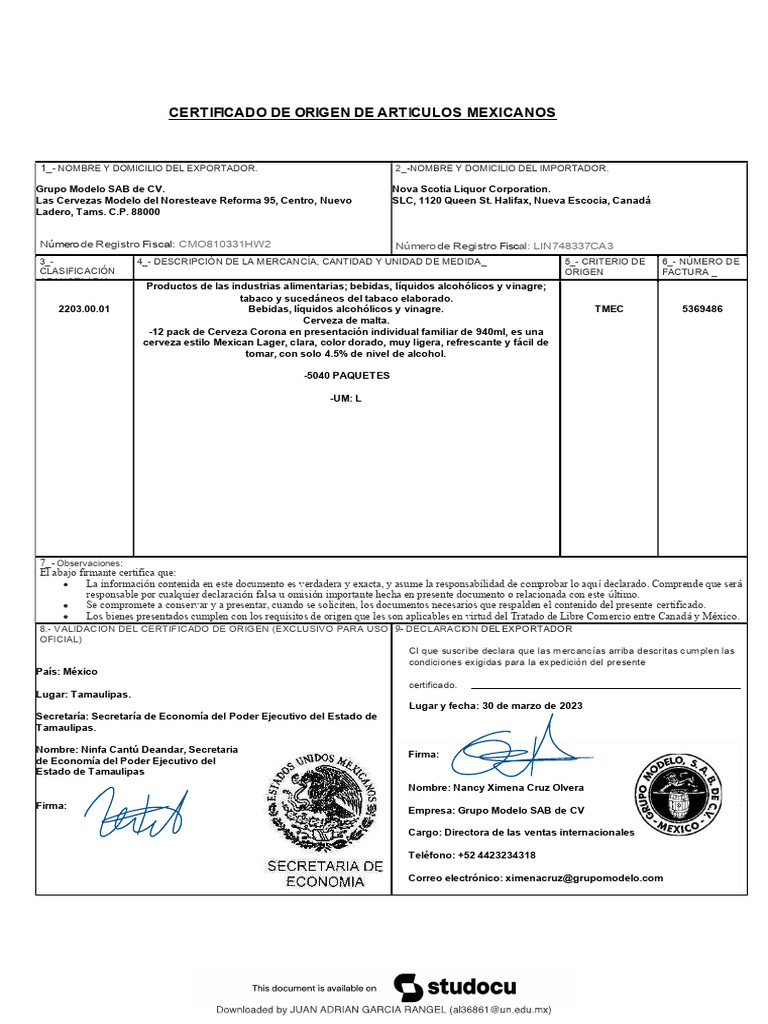 Certificado de Origen 1 | PDF | Cerveza