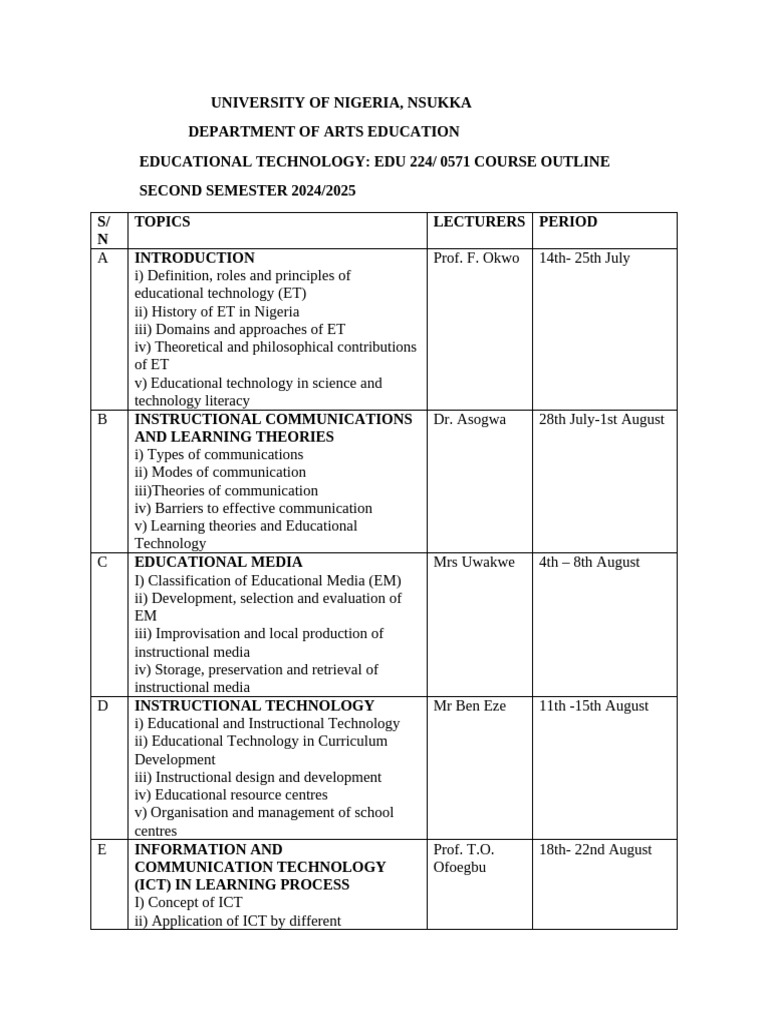 EDU 224 Course Outline 2024/2025 | PDF | Educational Technology ...