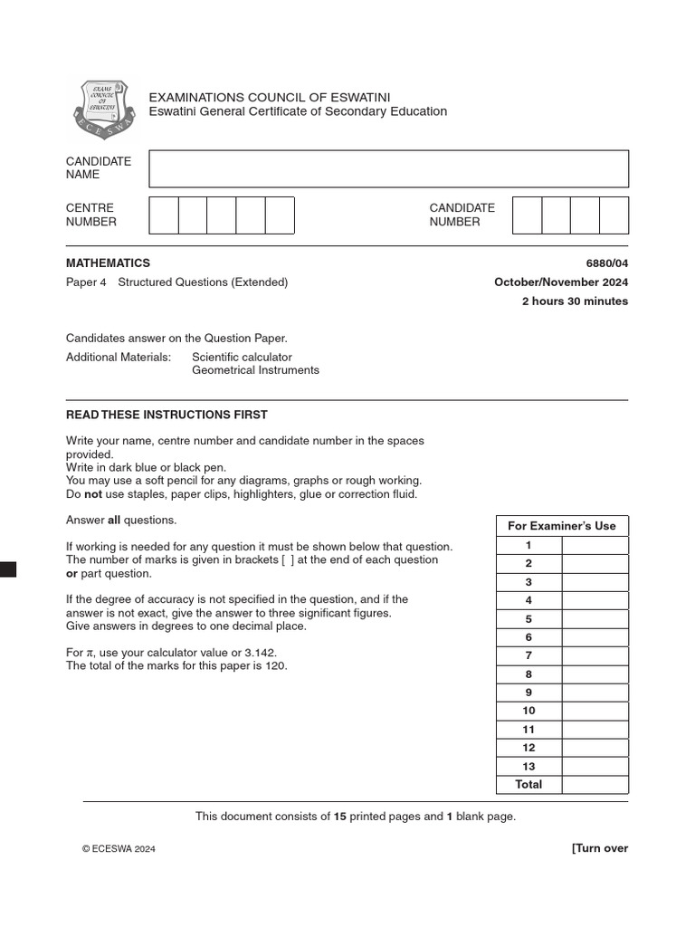 EGCSE Mathematics 2024 Question Paper 4 | PDF | Area | Numbers