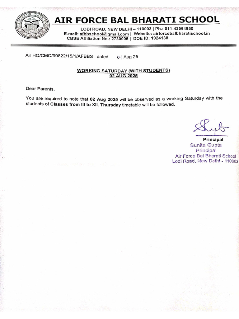 Working Saturday Parents Circular AFBBS | PDF