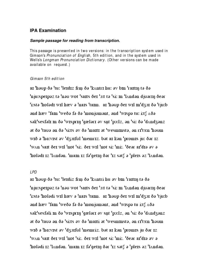 IPA Examination: Sample Passage For Reading From Transcription | PDF