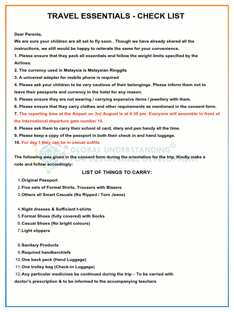 Essential Travel Checklist for Students | PDF | Baggage | Clothing