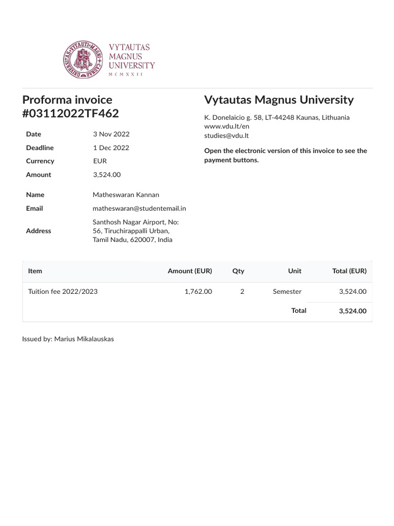 Proforma Invoice 03112022TF462 Tuition Fees | PDF