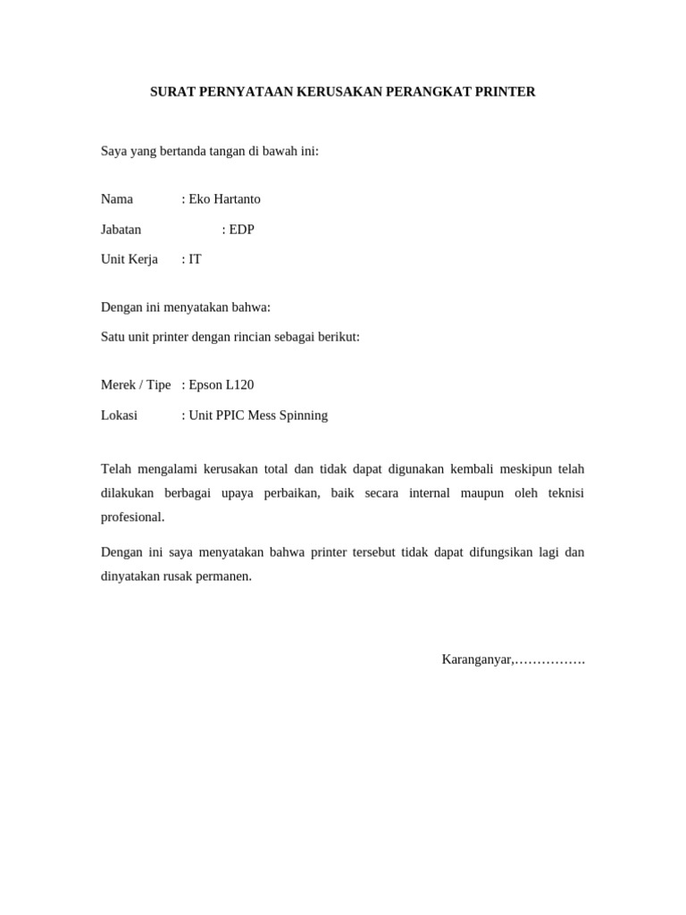 Surat Rekomendasi Printer Rusak | PDF