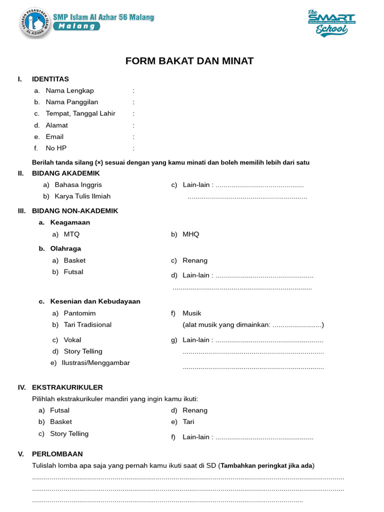 Formulir Bakat dan Minat Siswa | PDF