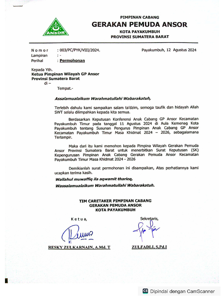Permohonan SK PAC GP Ansor Payakumbuh Timur | PDF