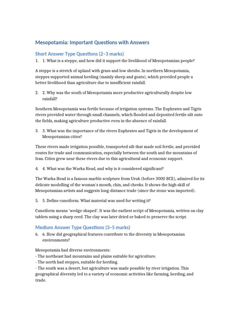 Mesopotamia Important Questions With Answers | PDF | Mesopotamia ...