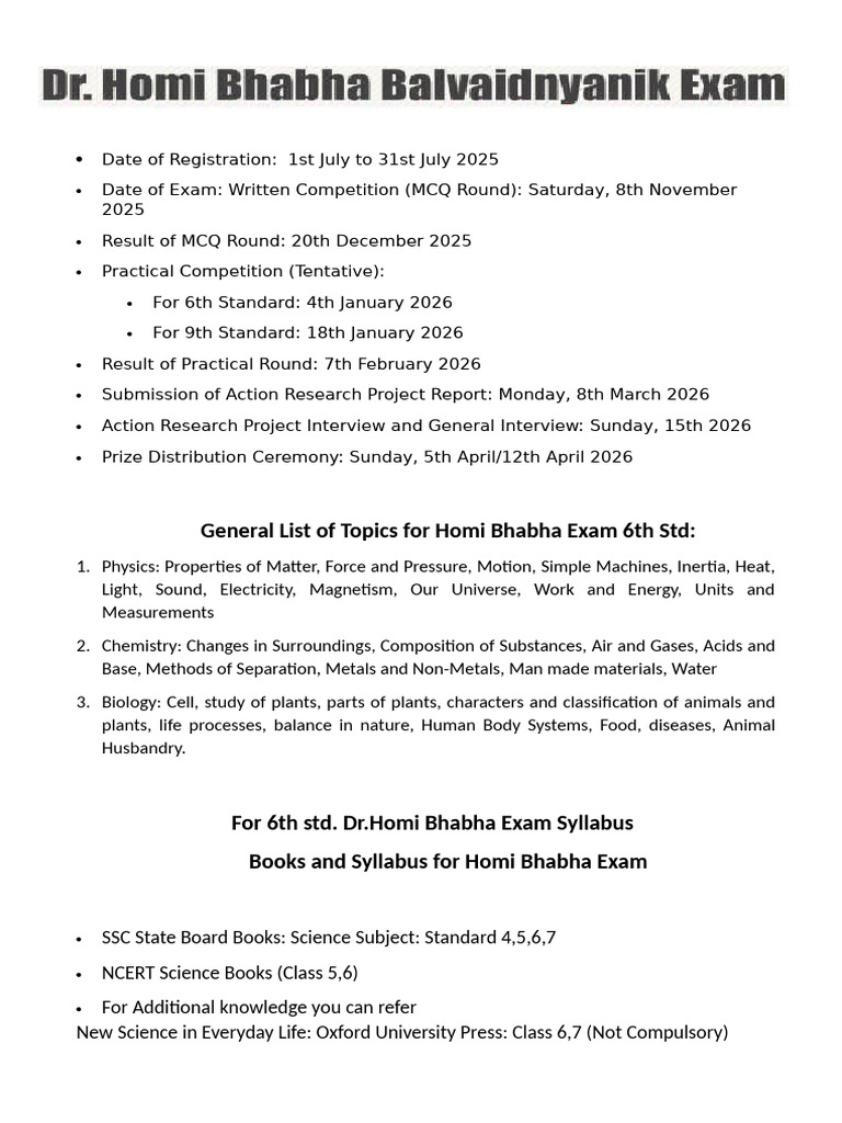 Homi Bhabha Exam Syllabus Class 6 | PDF | Science | Chemistry
