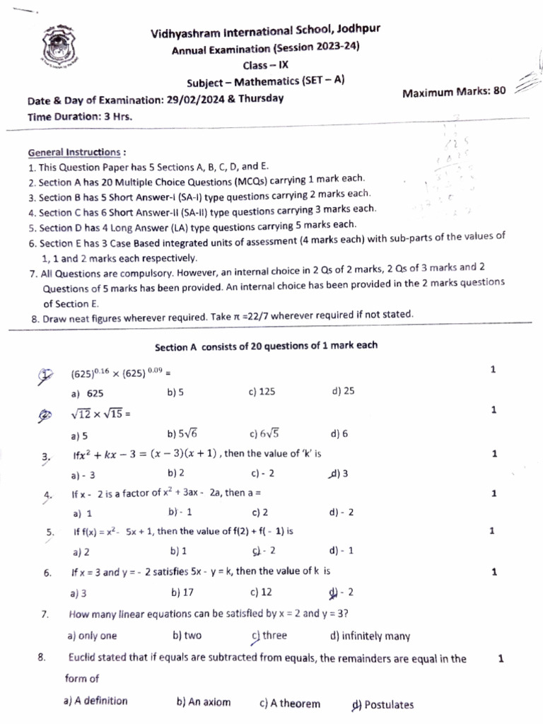 Vidhyashram School Maths Exam Paper | PDF | Area | Geometric Shapes
